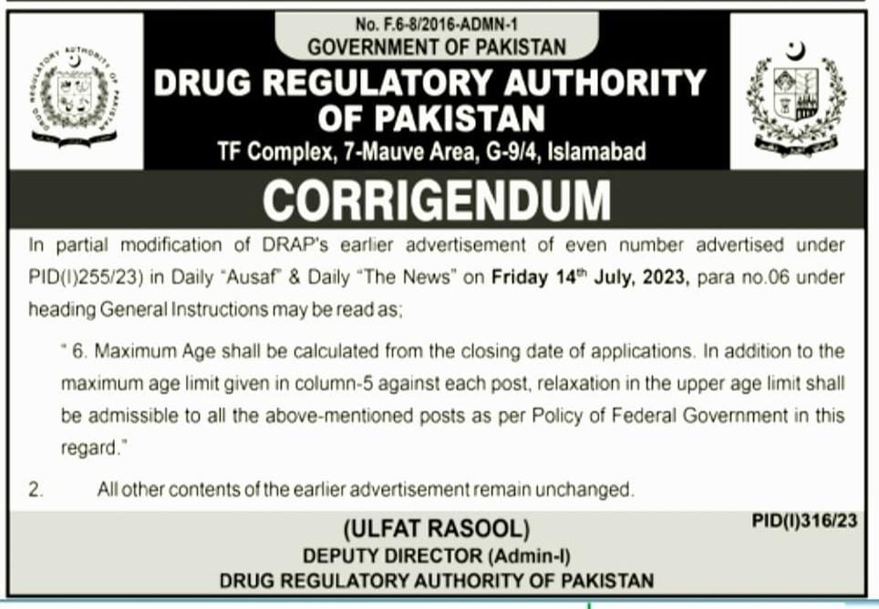 Career Opportunities Corrigendum For Advertisement Dated 14th July 2023 Drug Regulatory